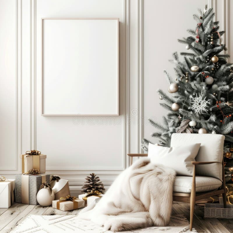 Minimalist Christmas Living Room Interior with Decorated Tree and Blank ...