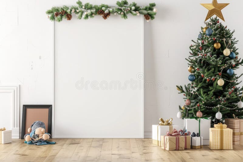 Minimalist Christmas Living Room Interior with Decorated Tree and Blank ...