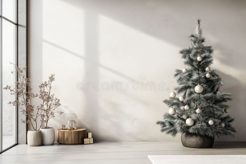 Minimalist Christmas Tree with Ornaments, Elegant Interior Design with ...