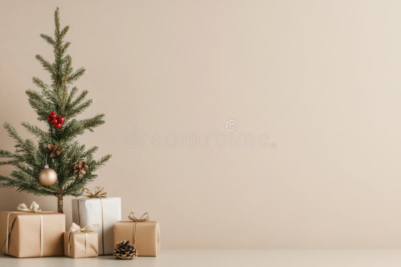 Minimalist Christmas Tree with Gifts on Beige Background. Stock Photo ...