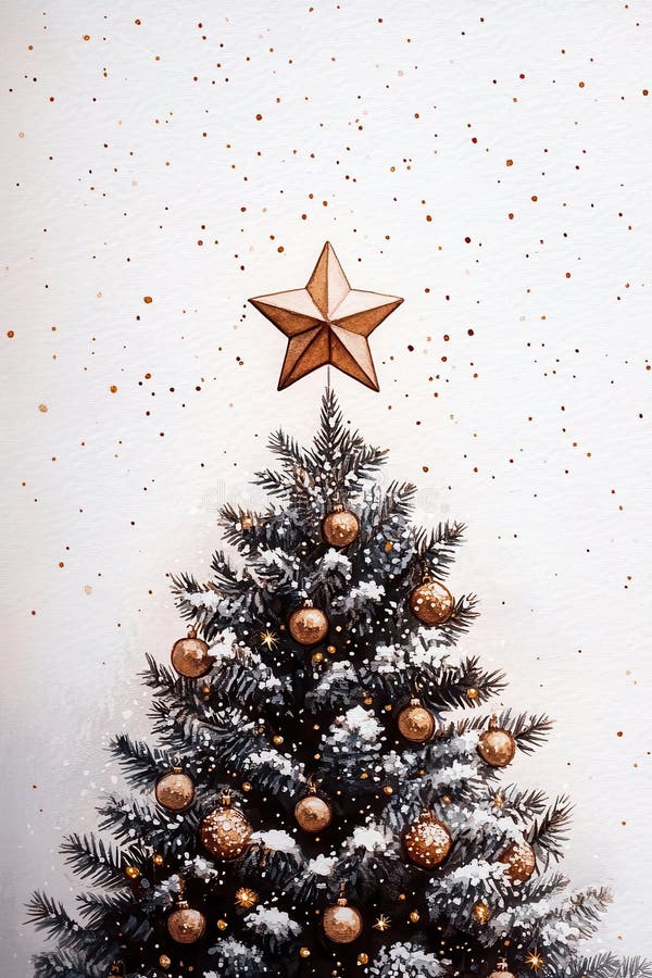 Minimalist Christmas Tree with Gold Star and Ornaments, Snow Falling ...
