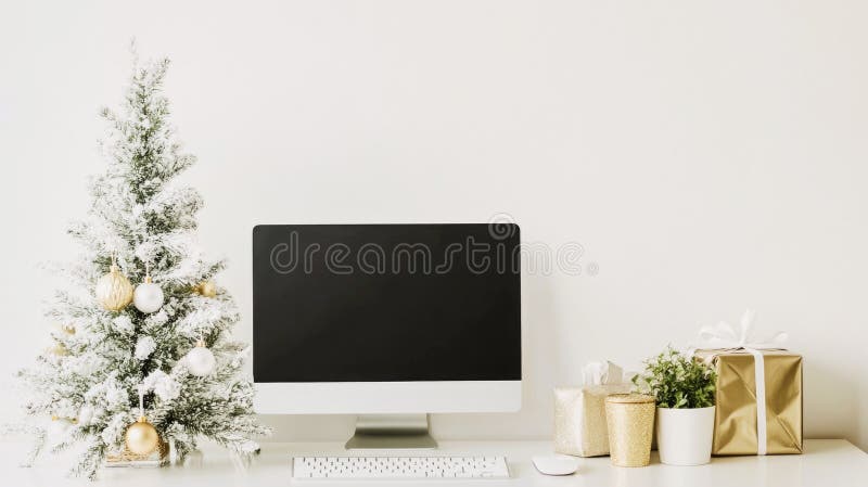 A Minimalist Christmas Workspace with a Small Tree, White and Gold ...