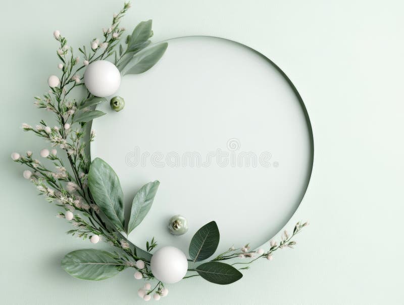 A Minimalist Circular Frame Adorned with Delicate Greenery and White ...