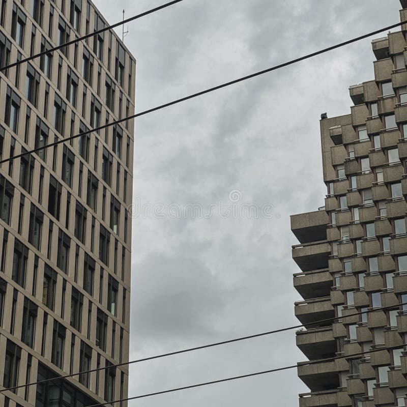 Urban Architecture Contrast of Modern Office Building and Brutalist ...