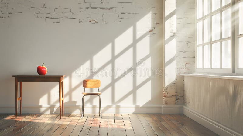 Minimalist Classroom with Apple on Desk, Sunlight Streaming through ...