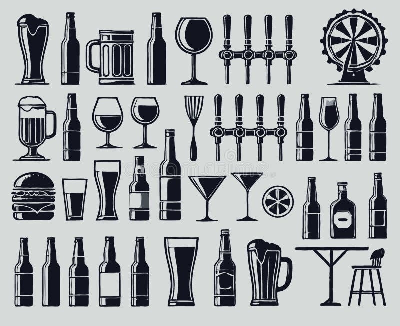 Minimalist Clear Silhouettes of Various Items on a Bar Theme, Sharp ...