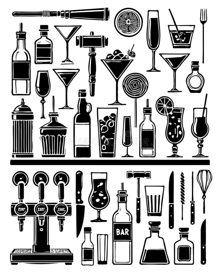 Minimalist Clear Silhouettes of Various Items on a Bar Theme, Sharp ...