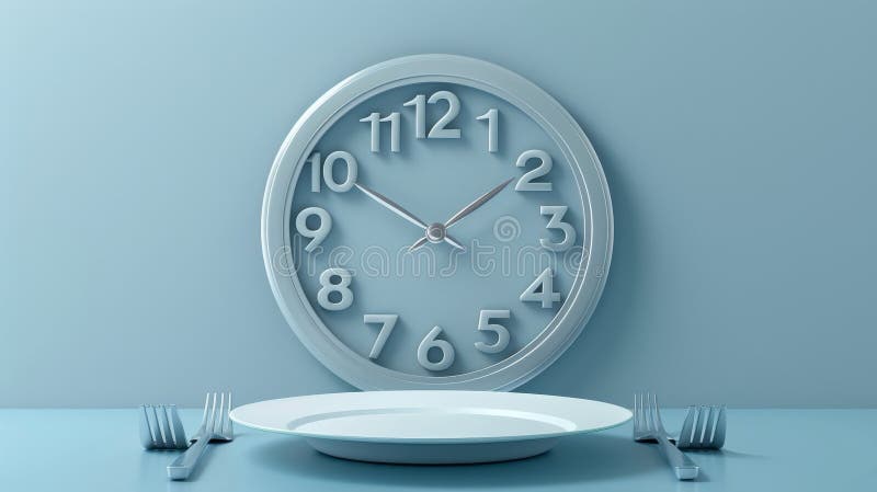 Minimalist Clock and Plate with Forks, Time for Dinner, Blue Background ...