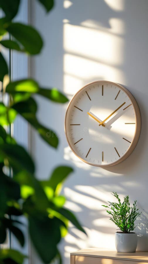 Minimalist Clock on Wall with Plant in Sunlight. Modern Home Decor and ...