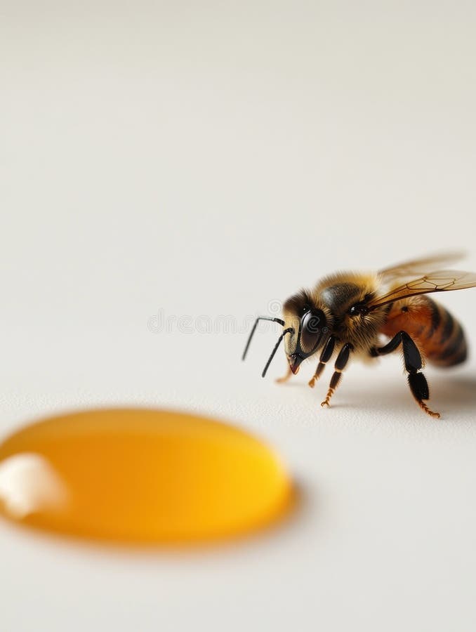 Minimalist Close Up of a Bee on White Surface with Honey Drop for ...