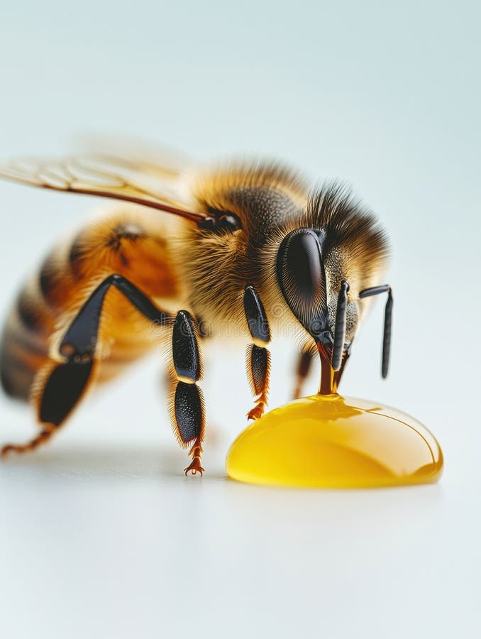 Minimalist Close Up of a Bee on a White Surface with Honey Droplet ...
