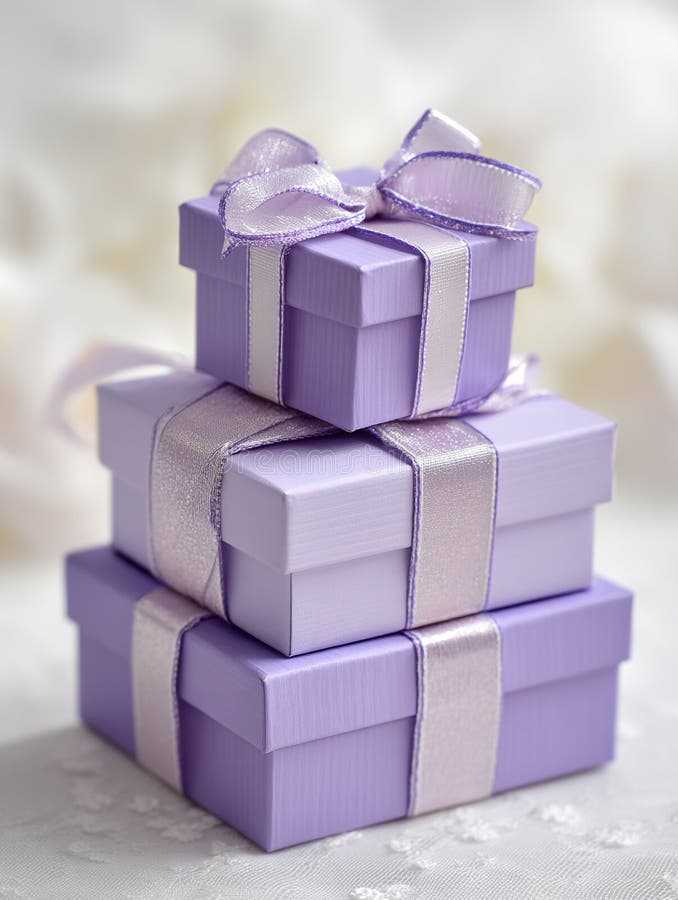 Stack of Lilac Gift Boxes Tied with Shiny Ribbons Against Soft ...