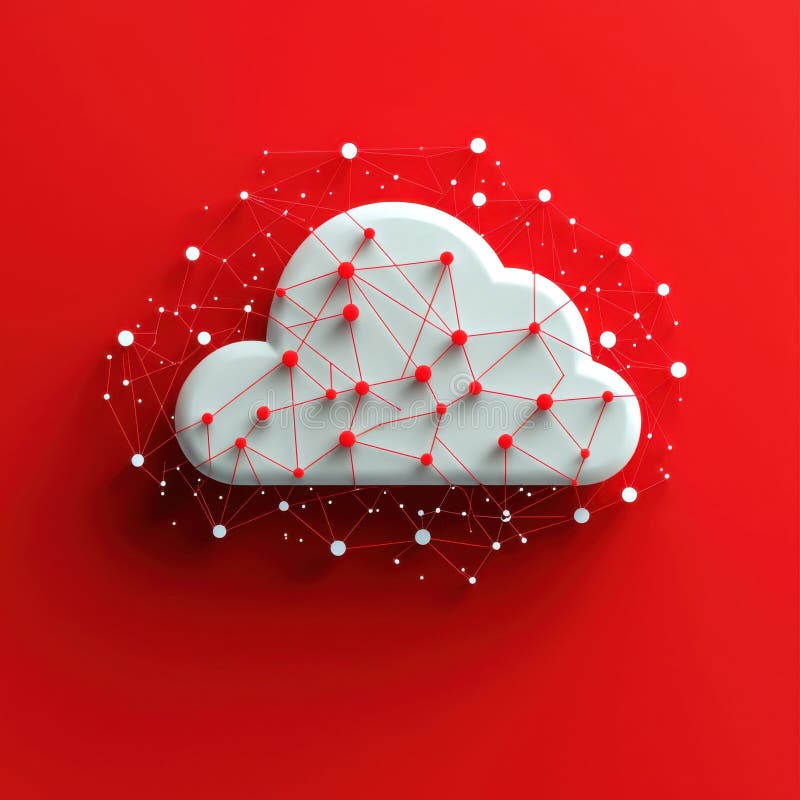 Minimalist Cloud Computing Network Icon with Connections on Vibrant Red ...
