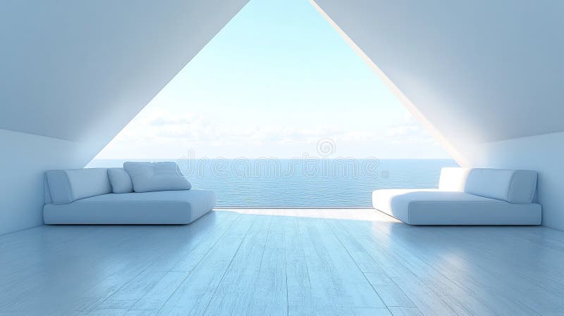 Minimalist Coastal Living Room with Panoramic Ocean View Stock ...