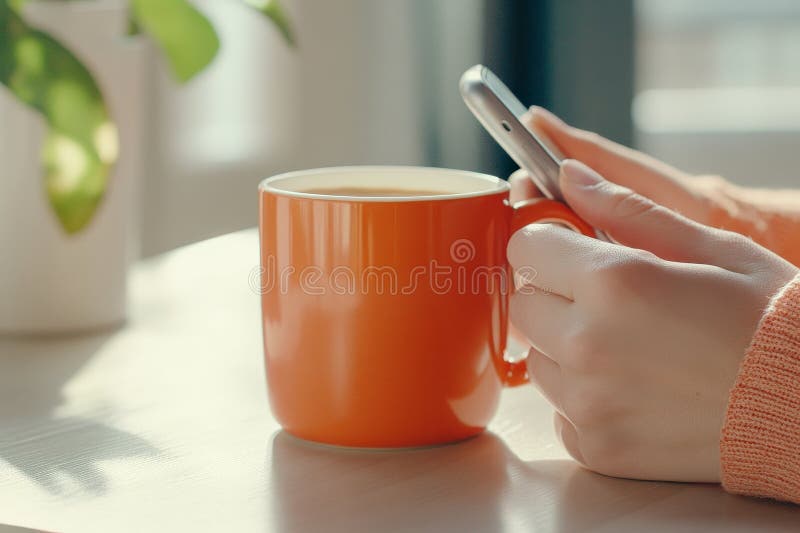 A Minimalist Coffee Break Setup Featuring a White Mug and Smartphone on ...