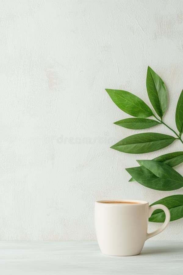 Minimalist Coffee Cup with Green Leaves on Light Background Creates ...