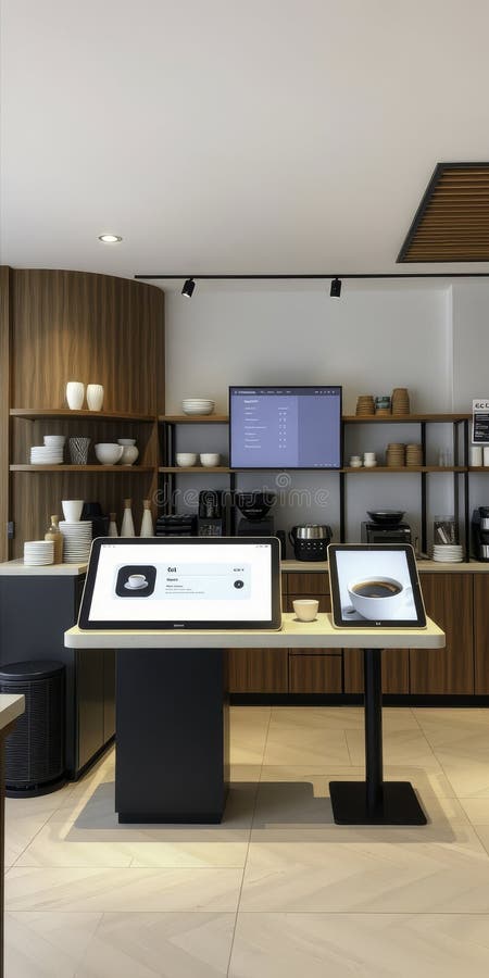 Minimalist Coffee Shop with a Digital Ordering Station and Sleek Tablet ...