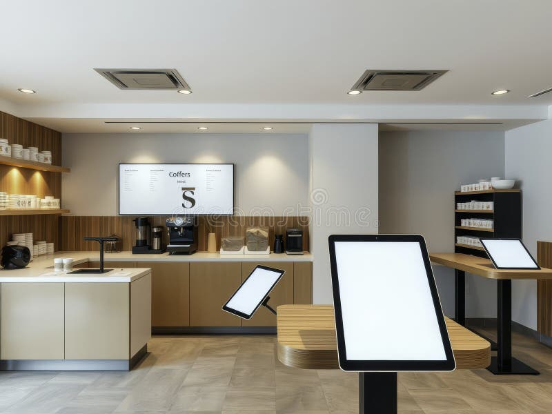 Minimalist Coffee Shop with a Digital Ordering Station and Sleek Tablet ...