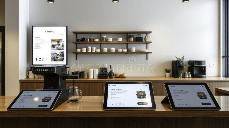 Minimalist Coffee Shop with a Digital Ordering Station and Sleek Tablet ...
