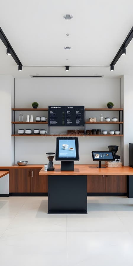 A Minimalist Coffee Shop Featuring Digital Ordering Stations and Tablet ...