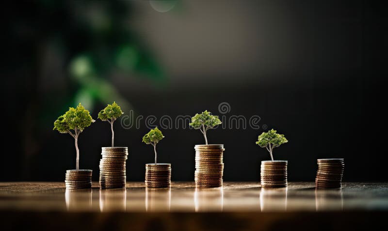 Minimalist Coin Stacks with Growing Graph and Trees on Background ...