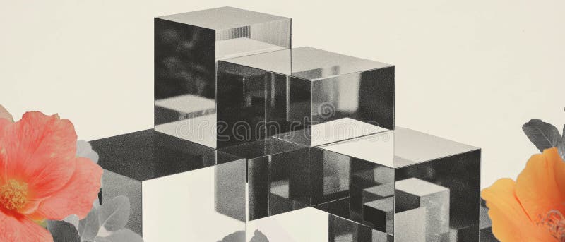 Minimalist Collage Blending Geometric Cubes and Floral Accents on a ...