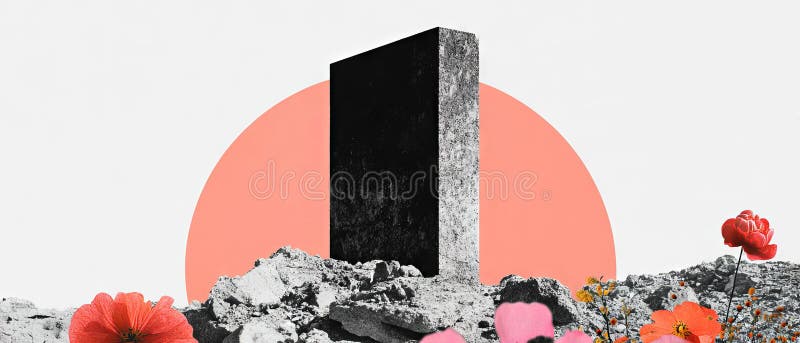 Minimalist Collage of a Corner Brick among Rubble with Floral Elements ...