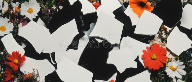 Minimalist Collage Featuring Broken Ceramics and Floral Elements on a ...