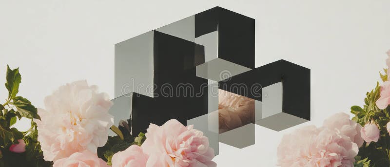 Minimalist Collage Featuring Geometric Cubes and Floral Elements on a ...