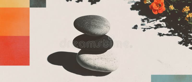 Minimalist Collage Featuring Geometric Shapes and Pebbles on Beach ...