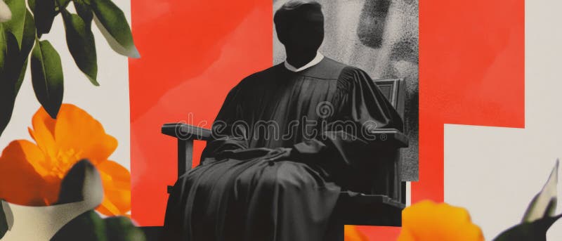 Minimalist Collage Featuring a Judge at a Bench with Floral Elements on ...