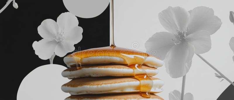 Minimalist Collage Featuring Pancakes with Syrup and Floral Geometric ...
