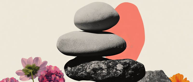 Minimalist Collage Featuring Smooth Pebbles and Floral Elements on a ...