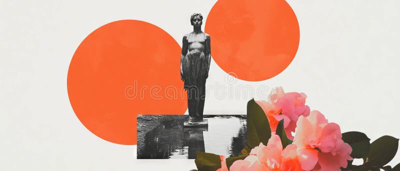 Minimalist Collage Featuring a Statue Reflected in a Puddle Alongside ...