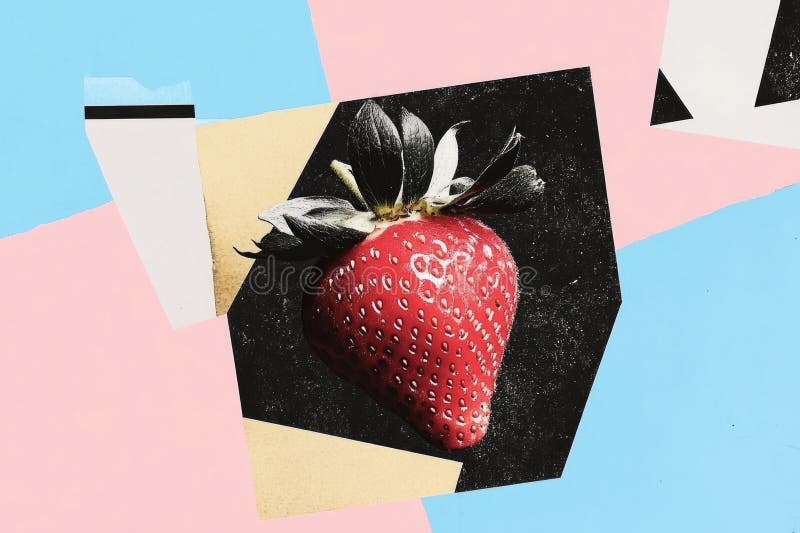Minimalist Collage Featuring a Strawberry and Abstract Geometric ...