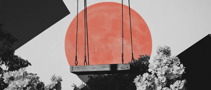 Minimalist Collage Featuring a Swing Set Illuminated by Moonlight ...