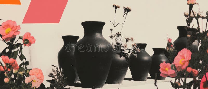 Minimalist Collage Featuring Unfired Clay Pots and Floral Elements on a ...