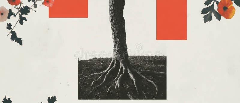 Minimalist Collage Showcasing Geometric Shapes and an Exposed Tree Root ...