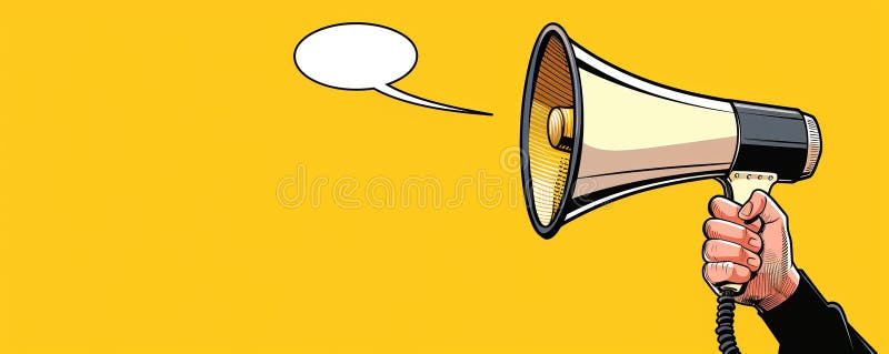 Minimalist Comic Book Style with a Hand Holding a Megaphone and Speech ...