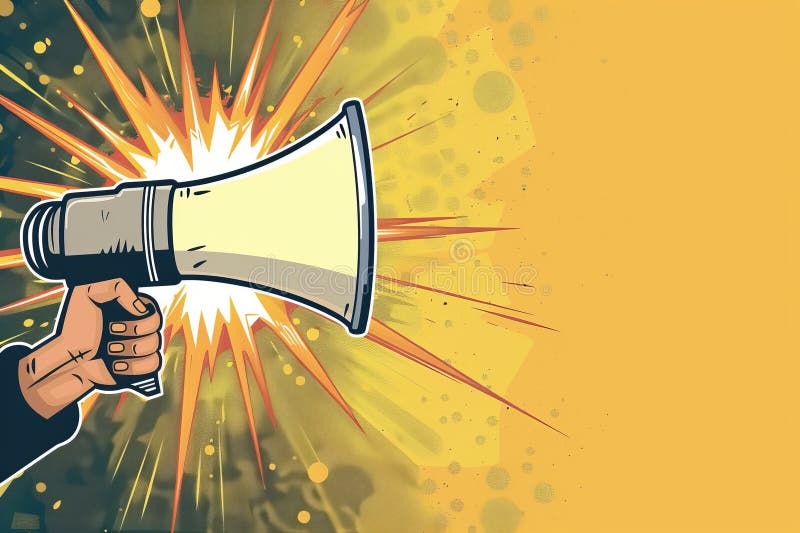 Minimalist Comic Book Style Image of Hand Holding Megaphone on Yellow ...
