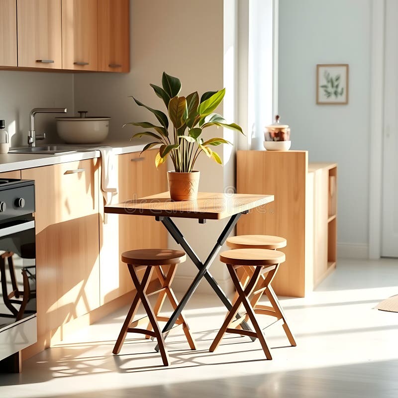 Minimalist Compact Folding Table with Stools in a Small Kitchen with a ...