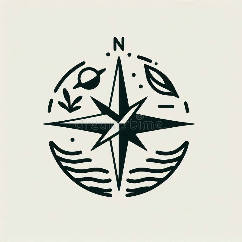 Minimalist Compass Illustration with Nature Elements Stock Illustration ...