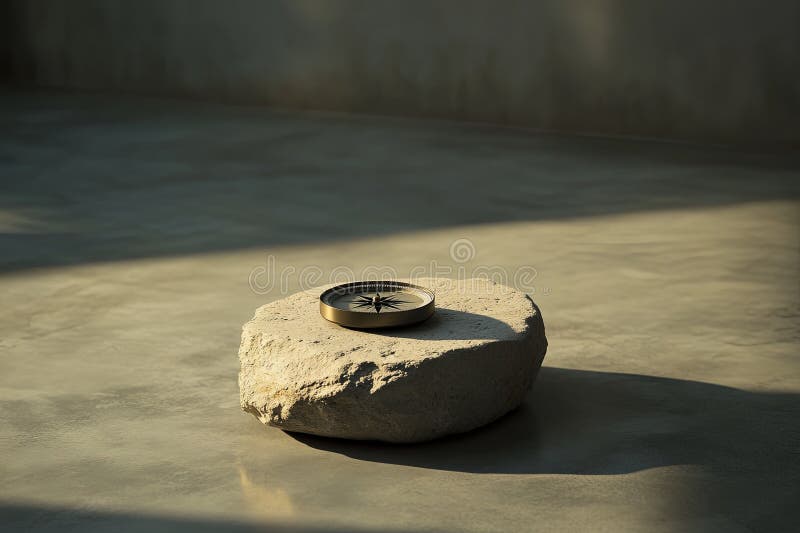 A Minimalist Compass Resting on a Smooth Stone with Faint Natural Stock ...