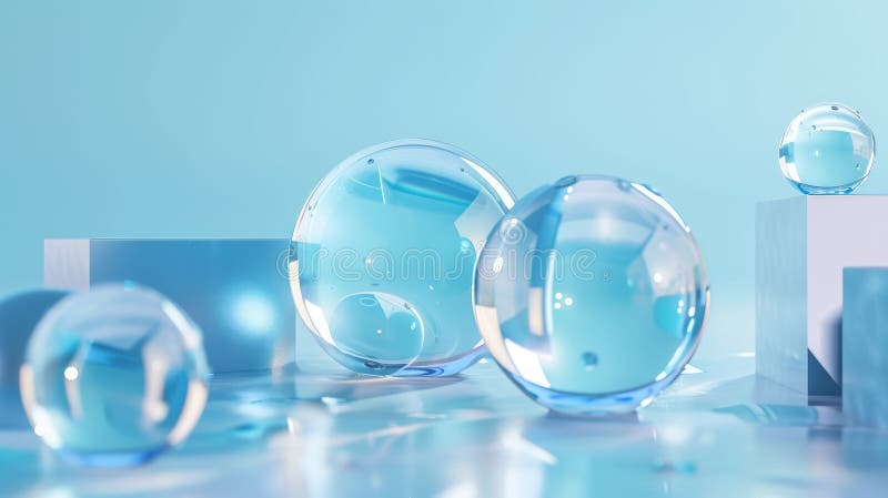 Minimalist Composition of Clear Glass Spheres on Blue Background Stock ...