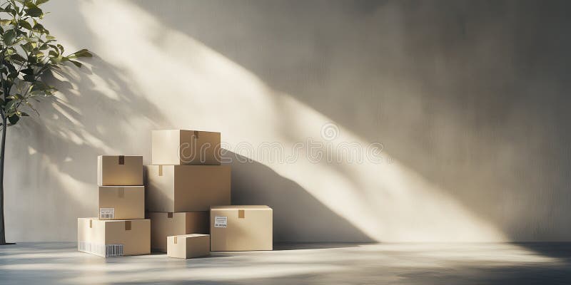 Cardboard Boxes Stacked Against a White Wall with Sunlight Streaming ...