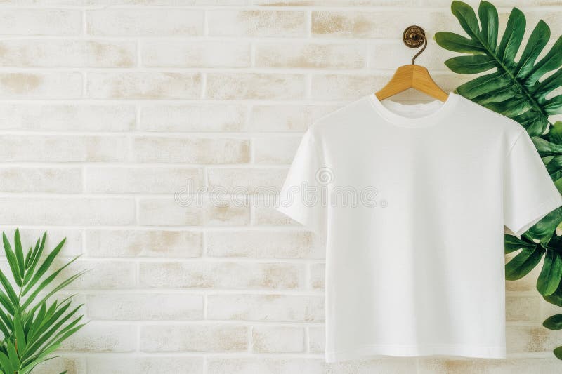 Minimalist White T-shirt Displayed on Brick Wall with Green Leaves ...