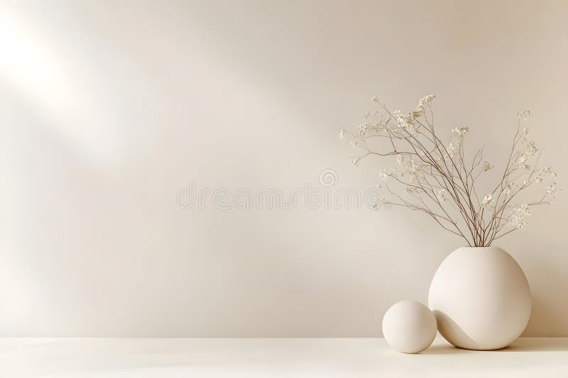 White Vase with Dried Flowers and White Sphere on a Table Stock ...