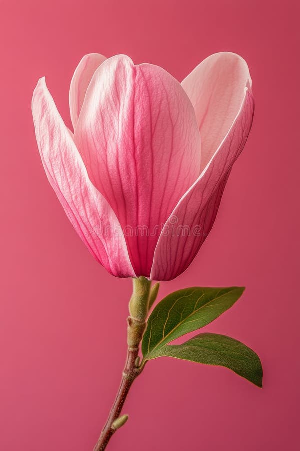 A Minimalist Composition, Poetically Capturing a Softly Lit Pink Magnolia Bud Gracefully ...
