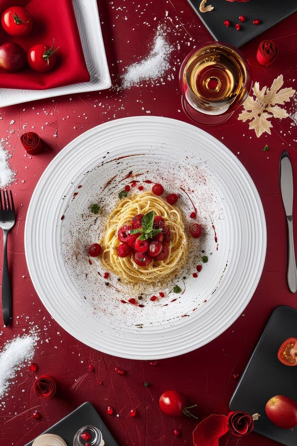 Minimalist Composition of Spaghetti and Red Tomatoes on White Plate ...