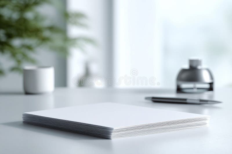 Minimalist Composition Stack of White Paper, Pen, Inkwell on a Bright ...